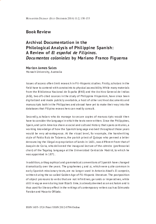 (PDF) Sales, M.J. (2014). "Archival documentation in the philological analysis of Philippine ...