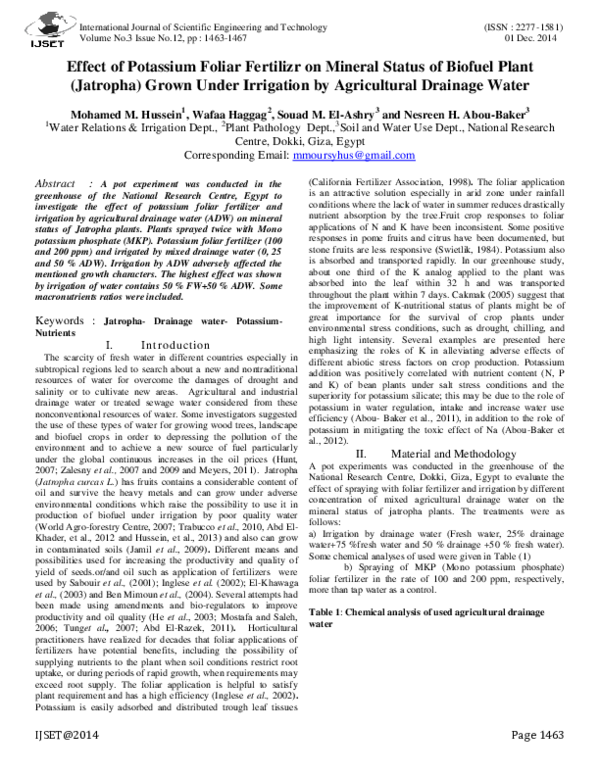 Pdf Effect Of Potassium Foliar Fertilizr On Mineral Status Of Biofuel