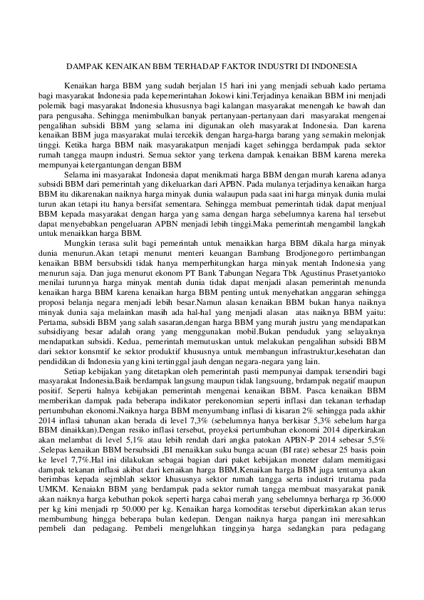Dampak Kenaikan BBM terhadap Faktor Industri di Indonesia