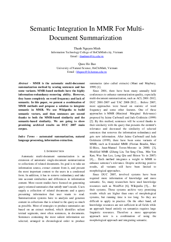 Pdf Semantic Integration In Mmr For Multidocument Summarization