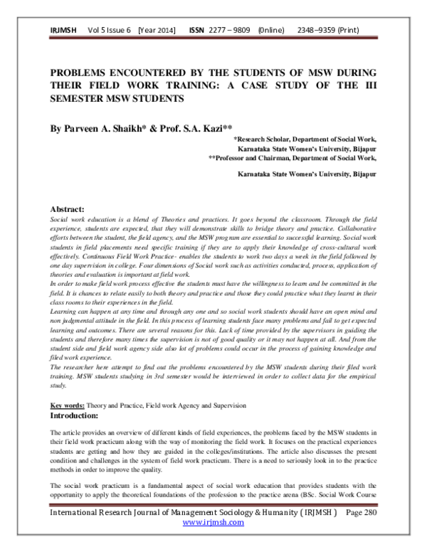 (PDF) PROBLEMS ENCOUNTERED BY THE STUDENTS OF MSW DURING THEIR FIELD WORK TRAINING: A CASE STUDY ...