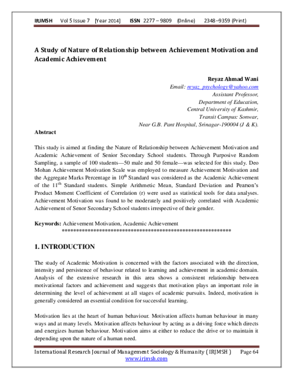 (PDF) A Study of Nature of Relationship between Achievement Motivation and Academic Achievement