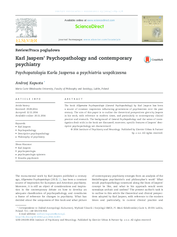 (PDF) Karl Jaspers' Psychopathology and contemporary Psychiatry