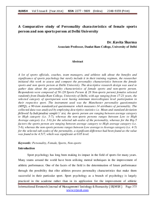 (PDF) A Comparative study of Personality characteristics of female ...