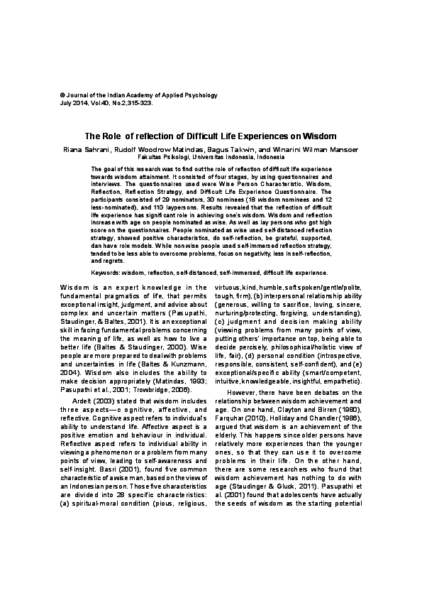 (PDF) The Role of Reflection of Difficult Life Experiences on Wisdom