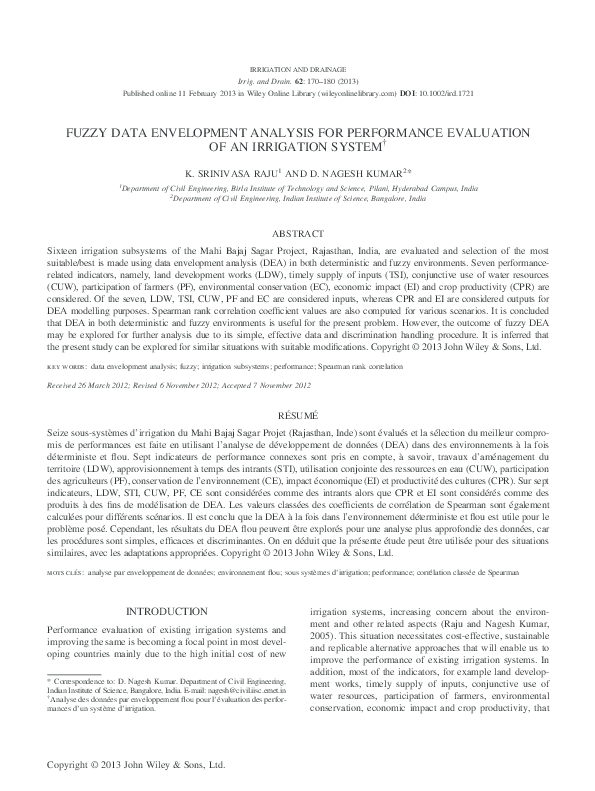 (PDF) Fuzzy Data Envelopment Analysis for Performance Evaluation of an Irrigation System