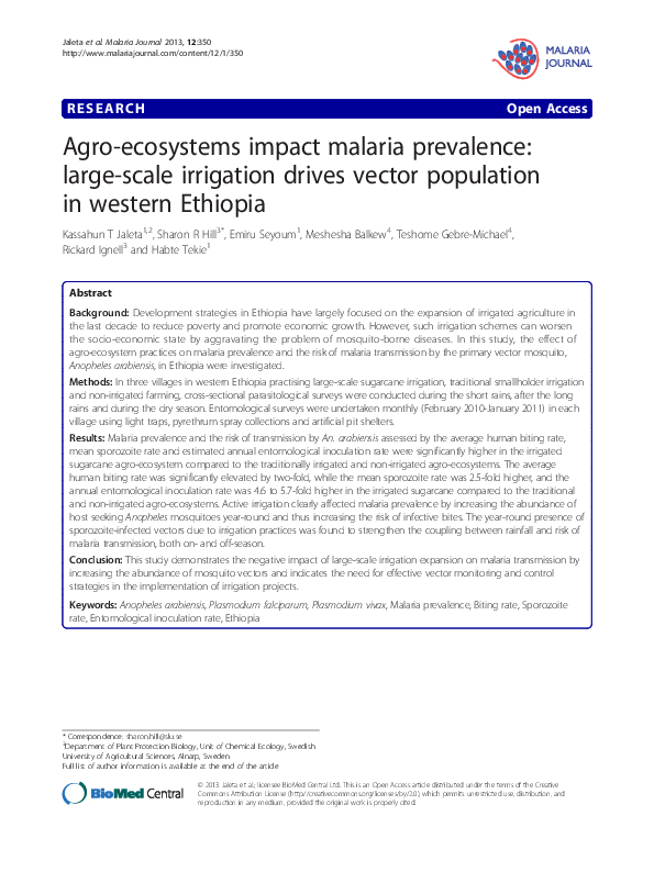 (PDF) Agro-ecosystems impact malaria prevalence: large-scale irrigation drives vector population ...