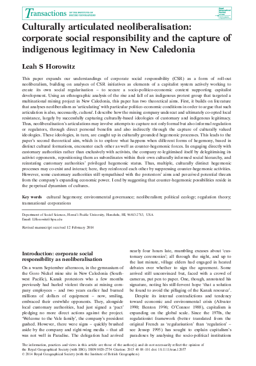 Culturally articulated neoliberalisation: Corporate social ...