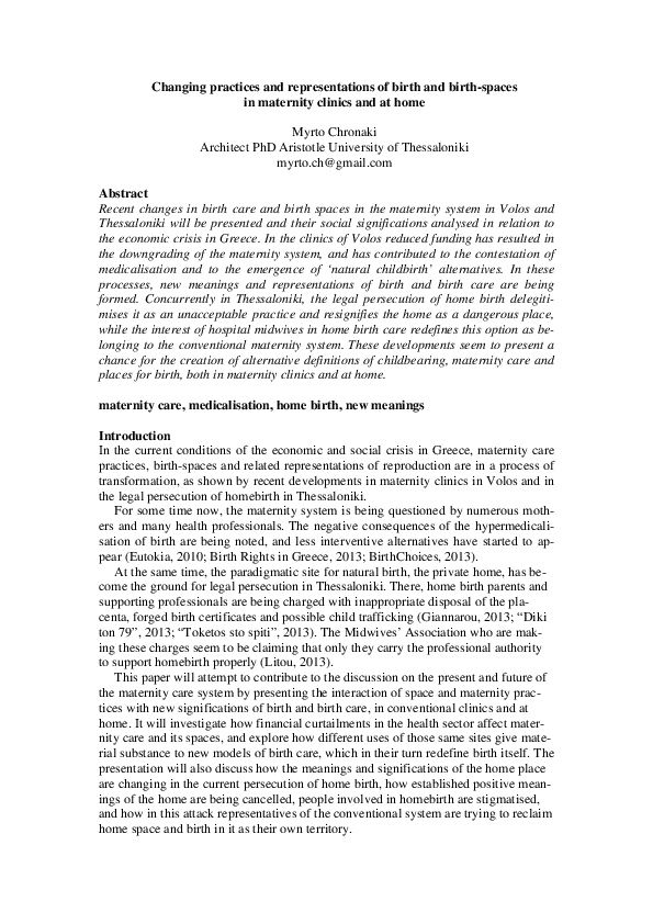 (PDF) Changing practices and representations of birth and birth-spaces ...
