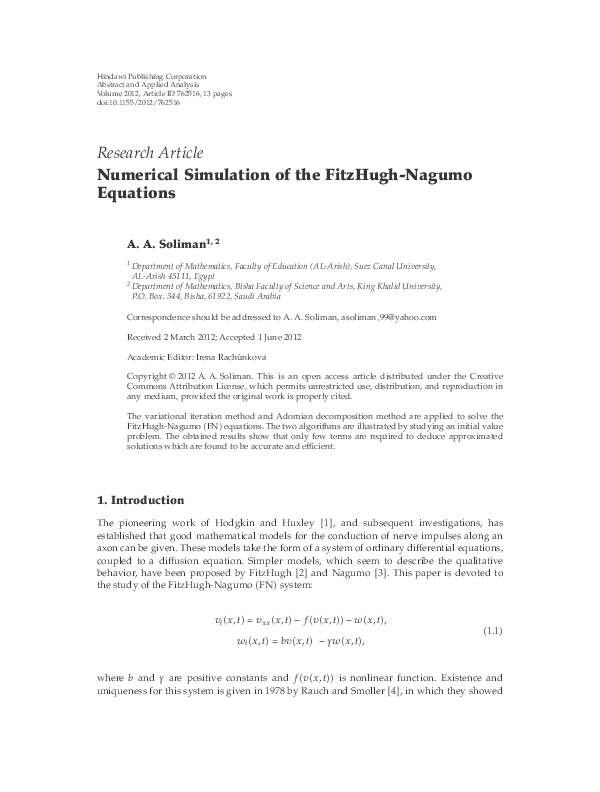 Pdf Numerical Simulation Of The Fitzhugh Nagumo Equations