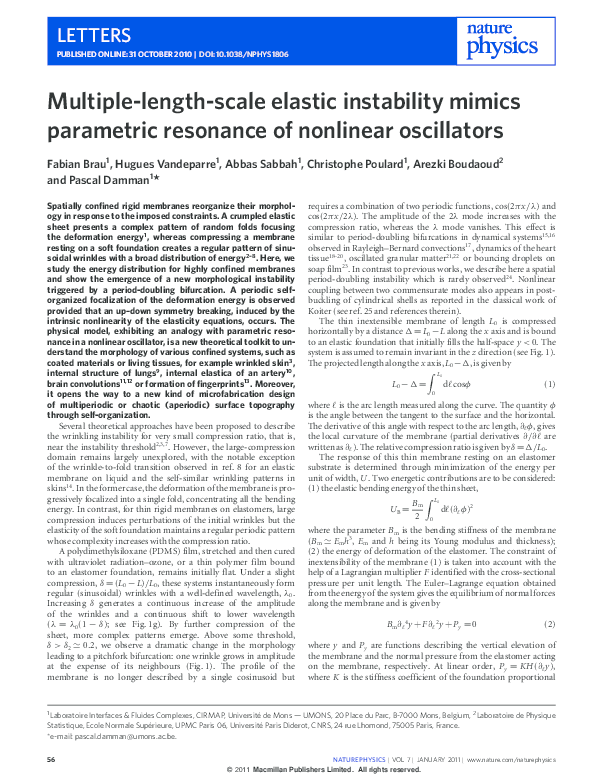 Multiple-length-scale elastic instability mimics parametric resonance of nonlinear oscillators