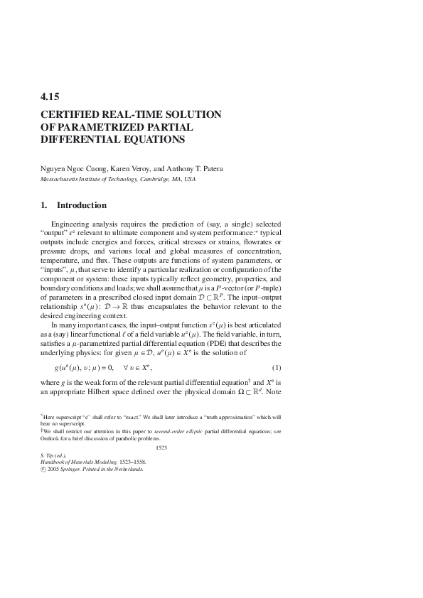 (PDF) CERTIFIED REAL-TIME SOLUTION OF PARAMETRIZED PARTIAL DIFFERENTIAL EQUATIONS