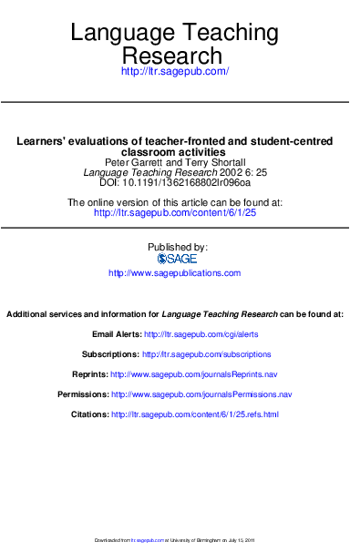 (PDF) Learners' evaluations of teacher-fronted and student-centred classroom activities