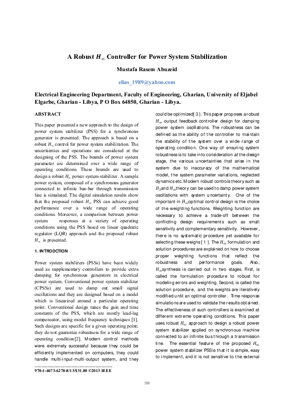 (PDF) A Robust Controller for Power System Stabilization