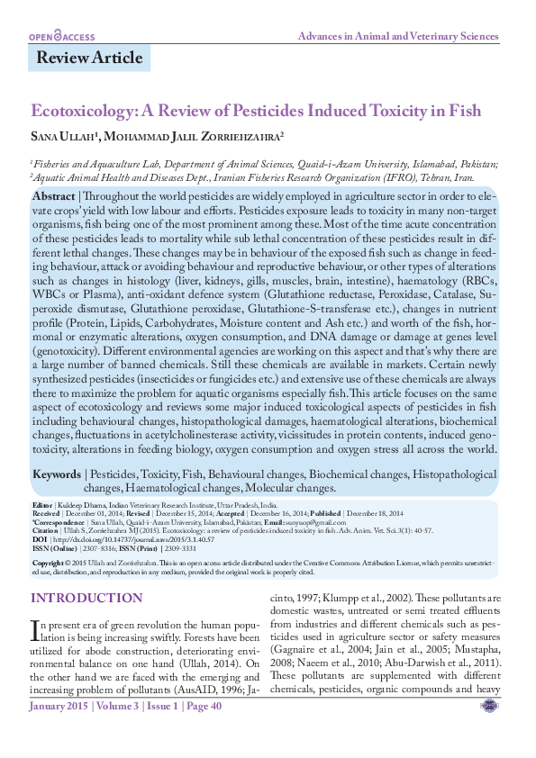 (PDF) Ecotoxicology: A Review of Pesticides Induced Toxicity in Fish
