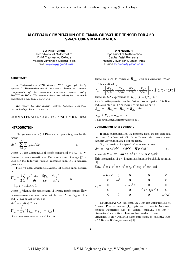 Pdf Algebraic Computation Of Riemann Curvature Tensor For A 5d Space