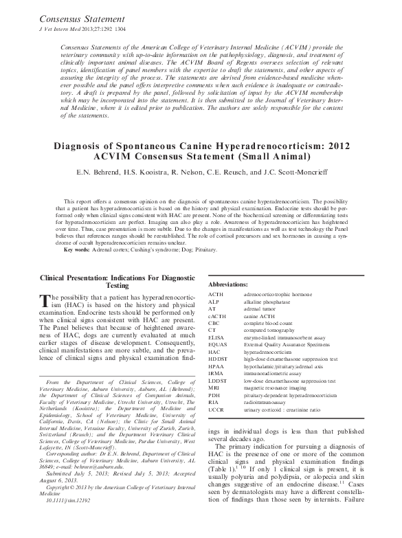 (PDF) Consensus Statements of the Diagnosis of Spontaneous Canine Hyperadrenocorticism: 2012 ...