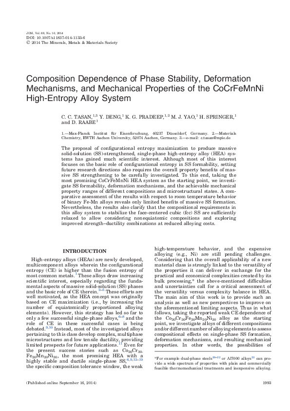 (PDF) Composition Dependence of Phase Stability, Deformation Mechanisms, and Mechanical ...