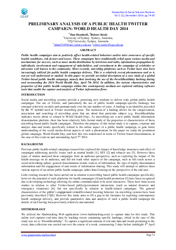 (PDF) PRELIMINARY ANALYSIS OF A PUBLIC HEALTH TWITTER CAMPAIGN:WORLD ...