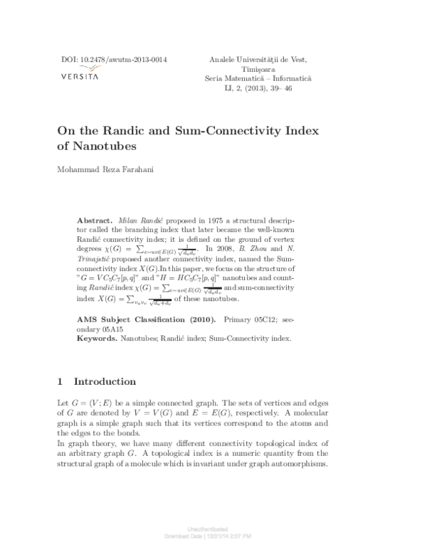 (PDF) On the Randic and sum-connectivity index of Nanotubes. [54] | Mohammad Reza Farahani ...