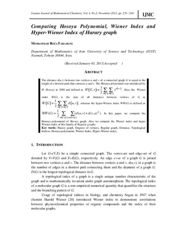 (PDF) Computing Hosoya Polynomial, Wiener Index and Hyper-Wiener Index of Harary graph. [53]