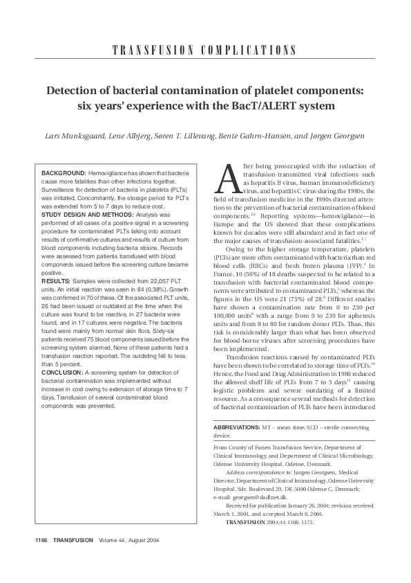 (PDF) Detection of bacterial contamination of platelet components: six years' experience with ...