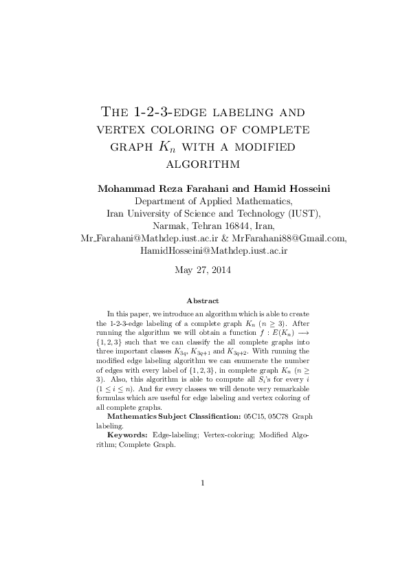 (PDF) The 1-2-3-edge labeling and vertex coloring of complete graph Kn with a modified algorithm ...