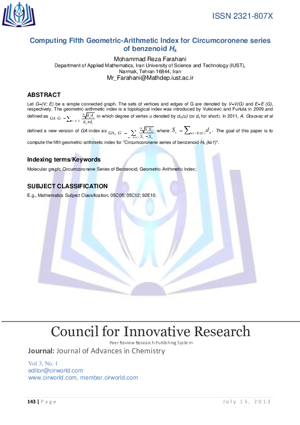 (PDF) Computing Fifth Geometric-Arithmetic Index for Circumcoronene series of benzenoid Hk. [76]
