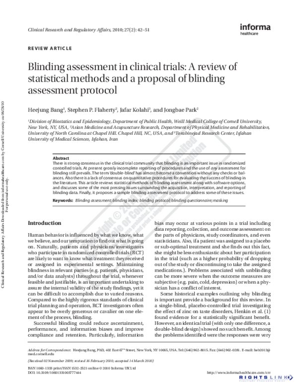 (PDF) Blinding assessment in clinical trials: A review of statistical ...