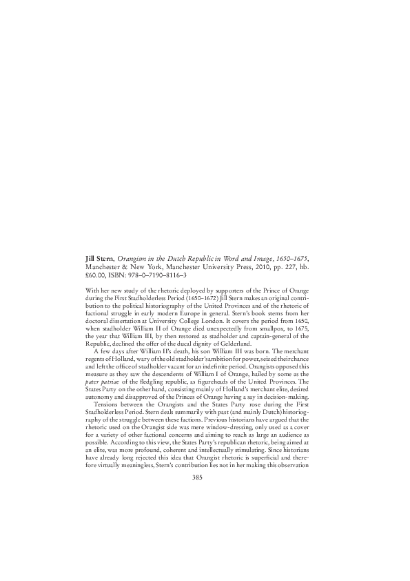 (PDF) Review of Jill Stern, Orangism in the Dutch Republic in Word and ...