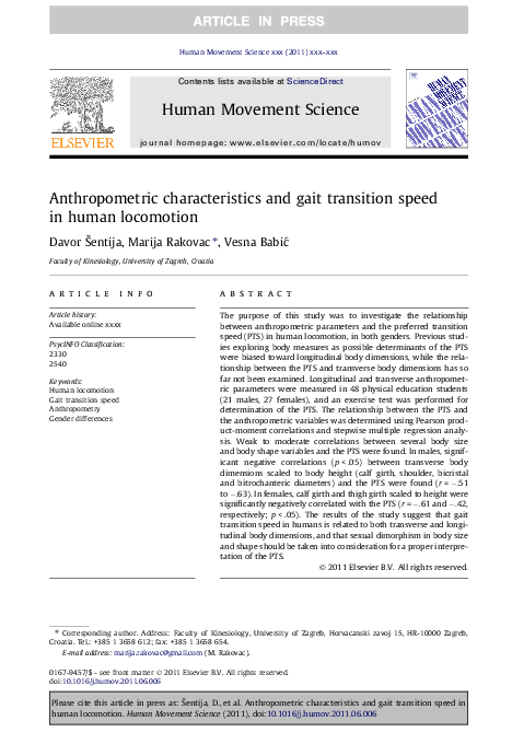 (PDF) Anthropometric characteristics and gait transition speed in human locomotion
