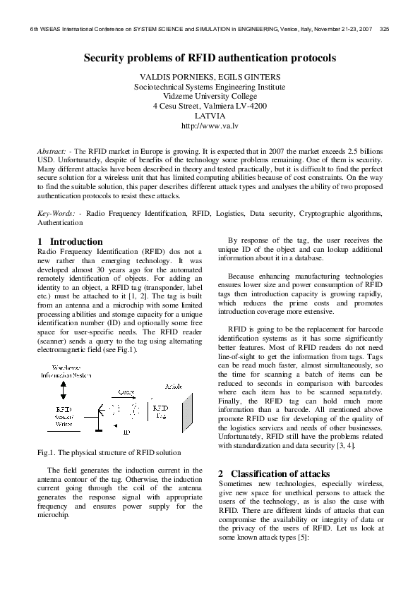 (PDF) Security problems of RFID authentication protocols