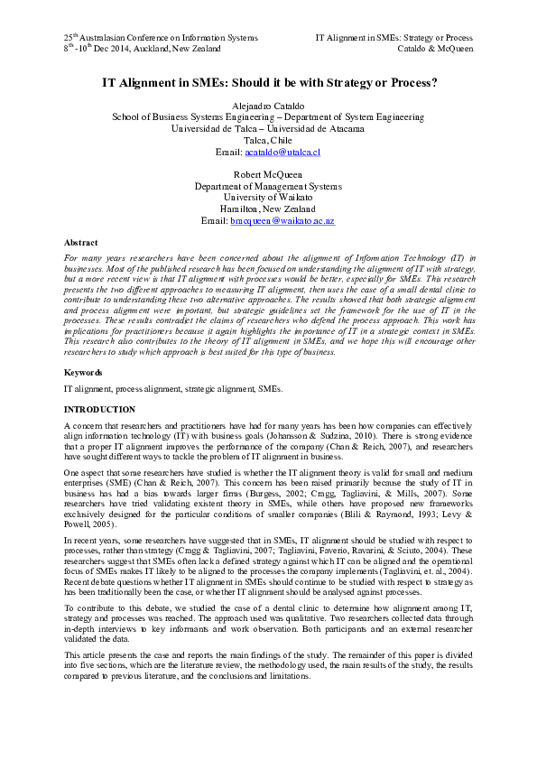 IT Alignment in SMEs: Should it be with Strategy or Process?