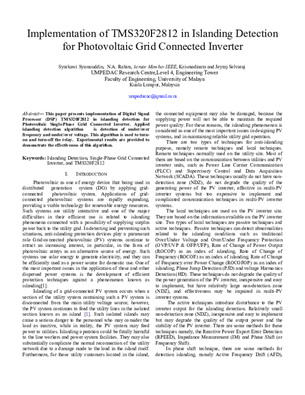 (PDF) Implementation of TMS320F2812 in islanding detection for Photovoltaic Grid Connected Inverter