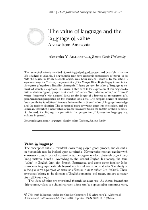 (PDF) The value of language and the language of value: a view from Amazonia