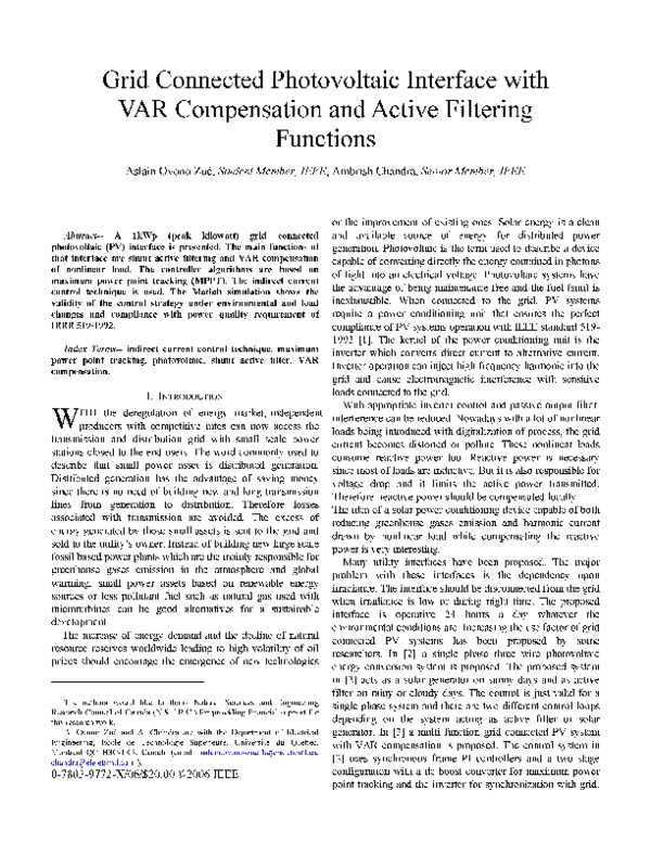 (PDF) Grid Connected Photovoltaic Interface with VAR Compensation and Active Filtering Functions