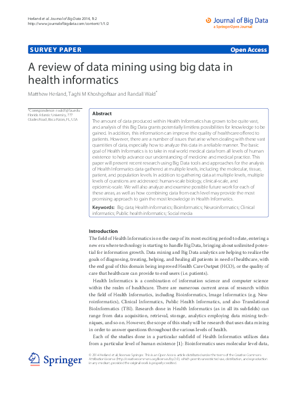 (PDF) A review of data mining using big data in health informatics