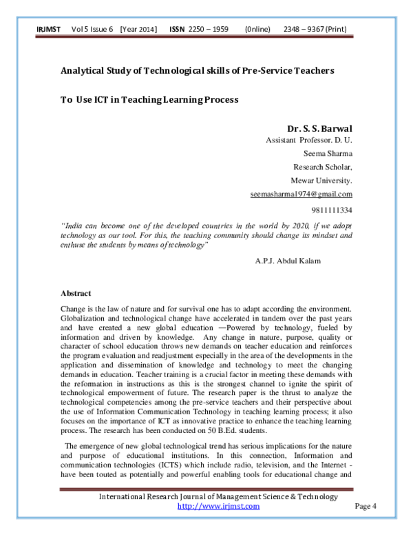 (PDF) Analytical Study of Technological skills of Pre-Service Teachers To Use ICT in Teaching ...