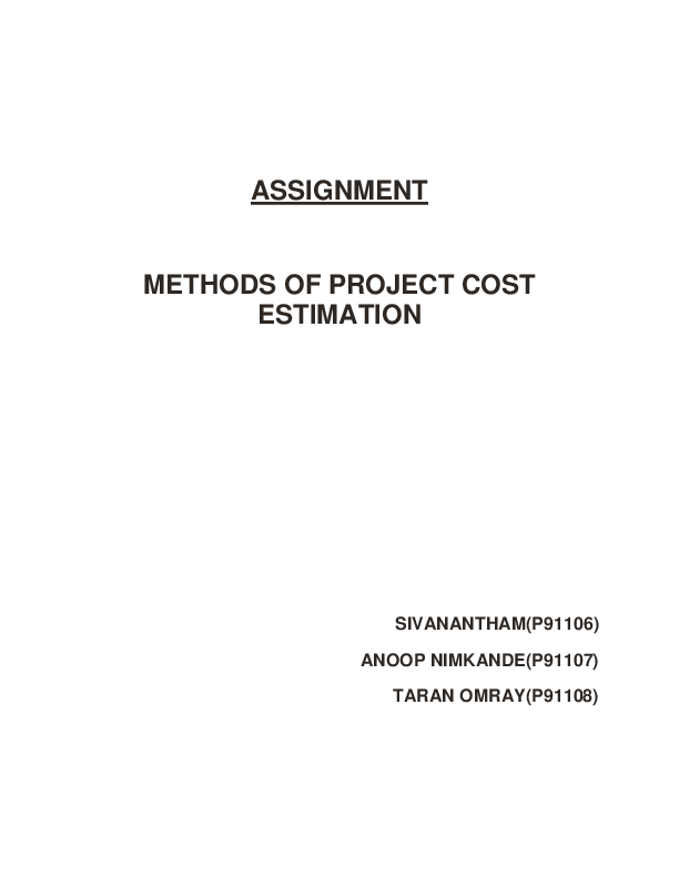 (DOC) ASSIGNMENT METHODS OF PROJECT COST ESTIMATION