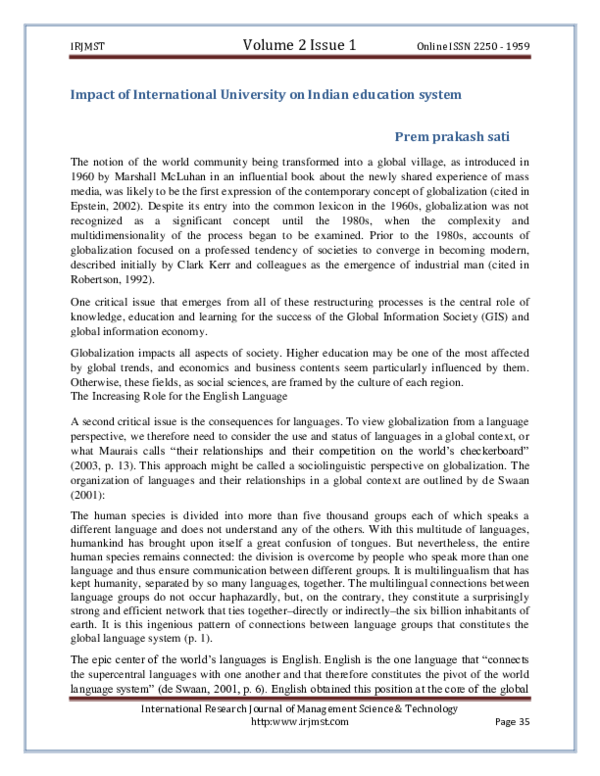 (PDF) Impact of International University on Indian education system ...
