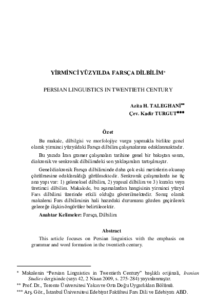 (PDF) Yirminci Yüzyılda Dilbilim / Persıan Lınguıstıcs in Twentıeth ...