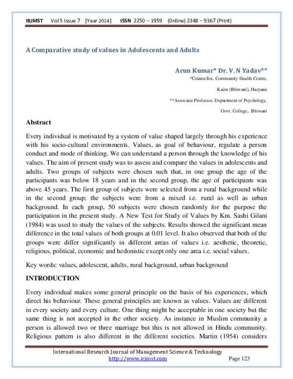 (PDF) A Comparative study of values in Adolescents and Adults