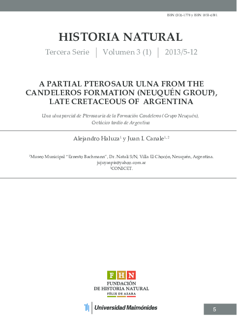 (PDF) A partial pterosaur ulna from the Candeleros Formation (Neuquén ...