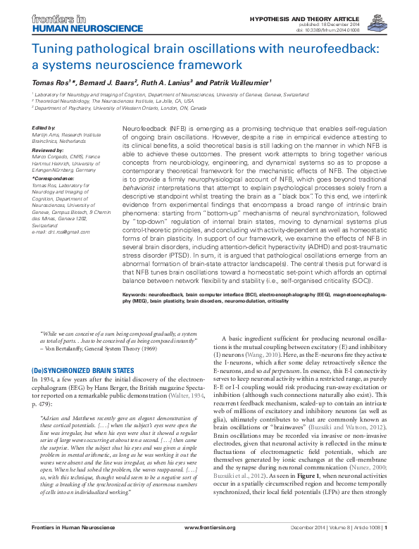 (PDF) Tuning pathological brain oscillations with neurofeedback: A systems neuroscience framework