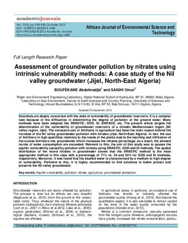Pdf Assessment Of Groundwater Pollution By Nitrates Using Intrinsic Vulnerability Methods A