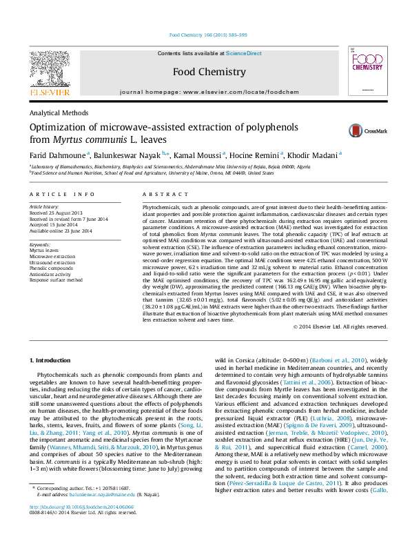 Pdf Optimization Of Microwave Assisted Extraction Of Polyphenols From Myrtus Communis L Leaves
