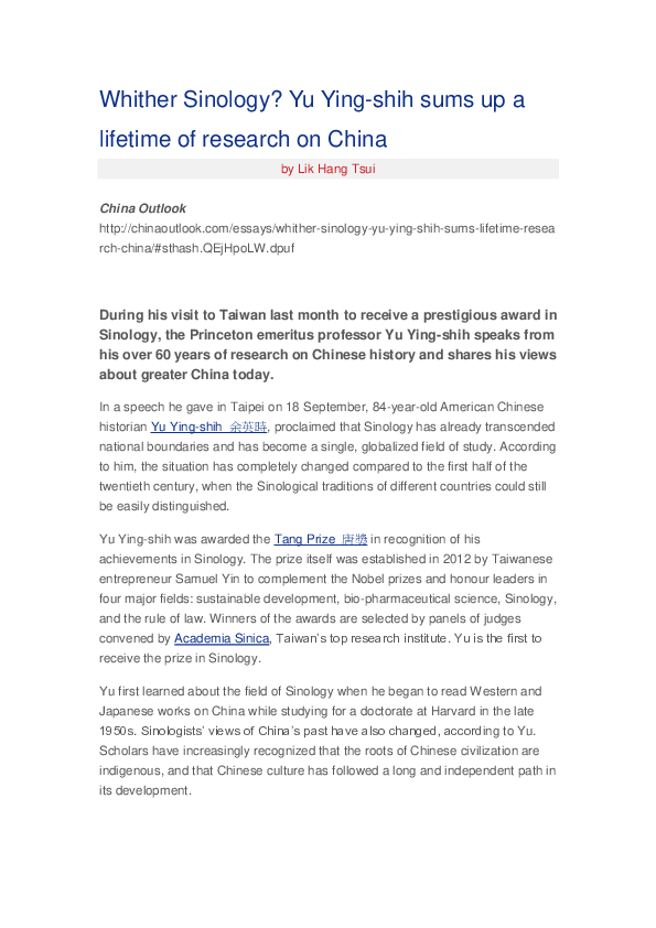 (PDF) Whither Sinology? Yu Ying-shih sums up a lifetime of research on ...