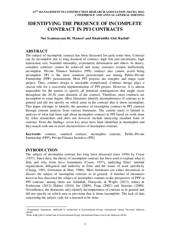 (PDF) Identifying the Presence of Incomplete Contract in PFI Contracts