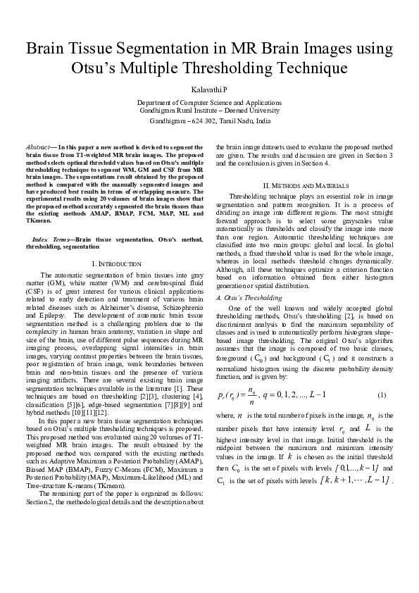 (PDF) Brain Tissue Segmentation in MR Brain Images using Otsu’s Multiple Thresholding Technique
