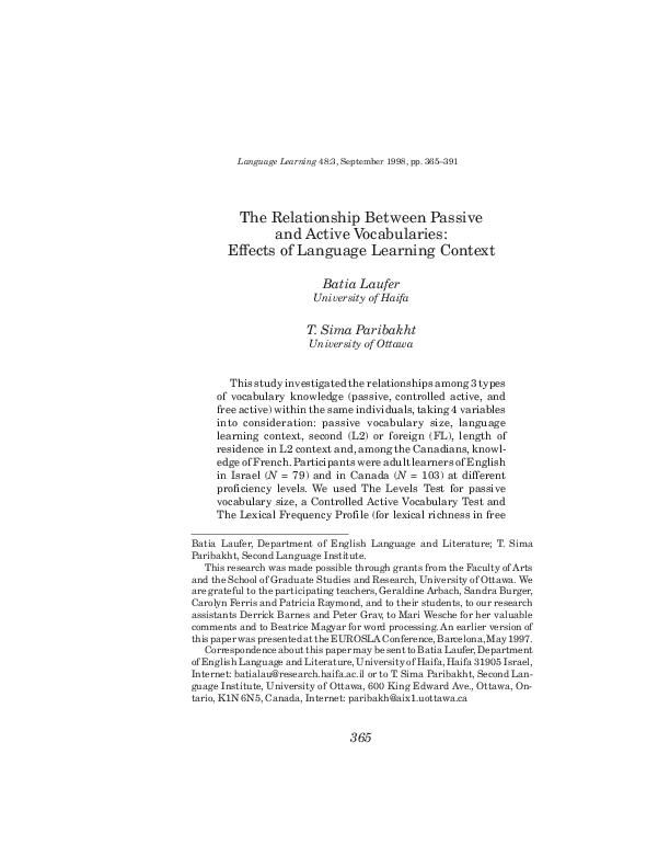 (PDF) The Relationship Between Passive and Active Vocabularies: Effects of LanguageLearning Context